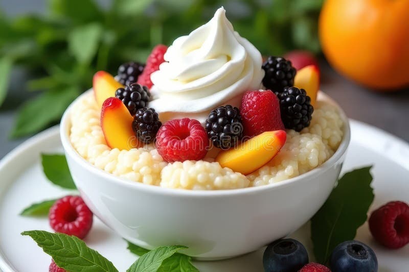 Delightful Rice Pudding Dish with Fresh Fruits and Whipped Cream Stock ...