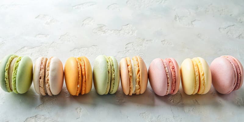A Delightful Row of Pastel-colored Macarons Arranged on a Light ...