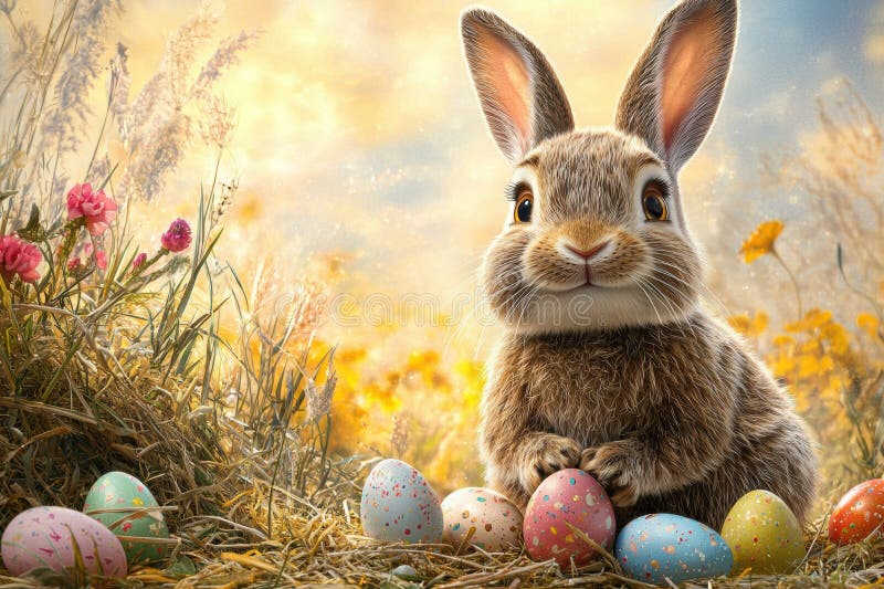 A Charming Rabbit Surrounded by Colorful Easter Eggs in a Lush Green ...