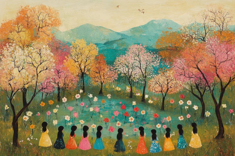 A Delightful Scene of Children Playing in a Flower-filled Meadow during ...