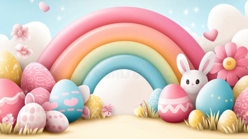 Colorful Easter Eggs and a Cute Bunny Under a Vibrant Rainbow in a ...
