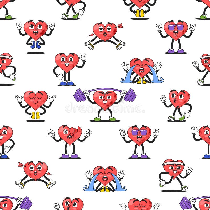 Delightful Seamless Pattern Features Cute Cartoon Heart Characters in ...