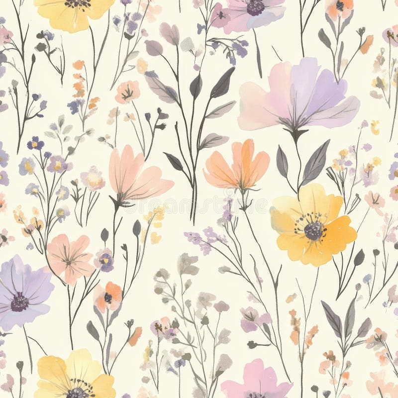 A Delightful Seamless Pattern Showcasing an Array of Watercolor Flowers ...