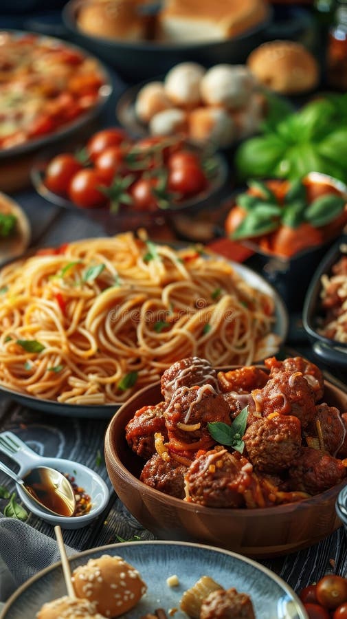 A Delightful Spread of Italian and American Cuisine on a Table Filled ...