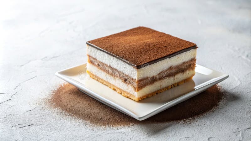 A Delightful Square of Layered Dessert, Dusted with Cocoa Powder and ...