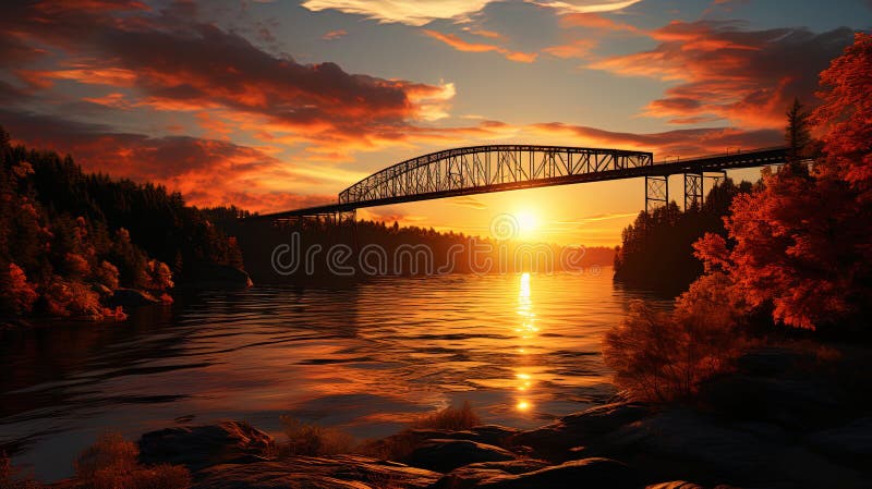 A Delightful Sunset View of the Bridge, Which Reflects the Rays of the ...