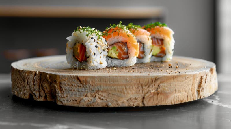 Delightful Sushi Rolls Arranged on a Rustic Wooden Platter Set on a ...