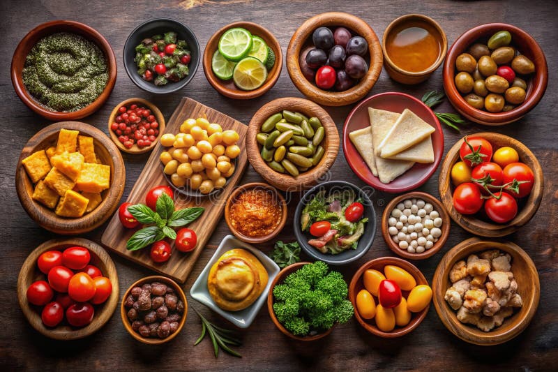 A Delightful Tapas Spread Elegant Ceramic and Wooden Dishes Featuring ...