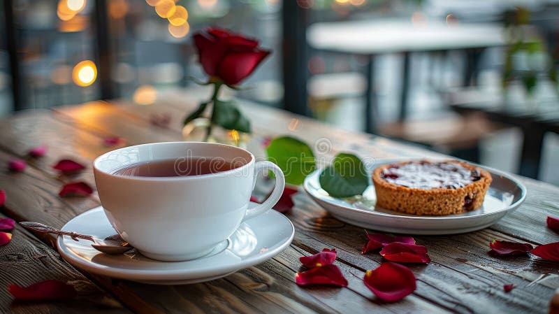 Delightful Tea Gathering with Elegant Cups, Desserts, and Romantic Rose ...