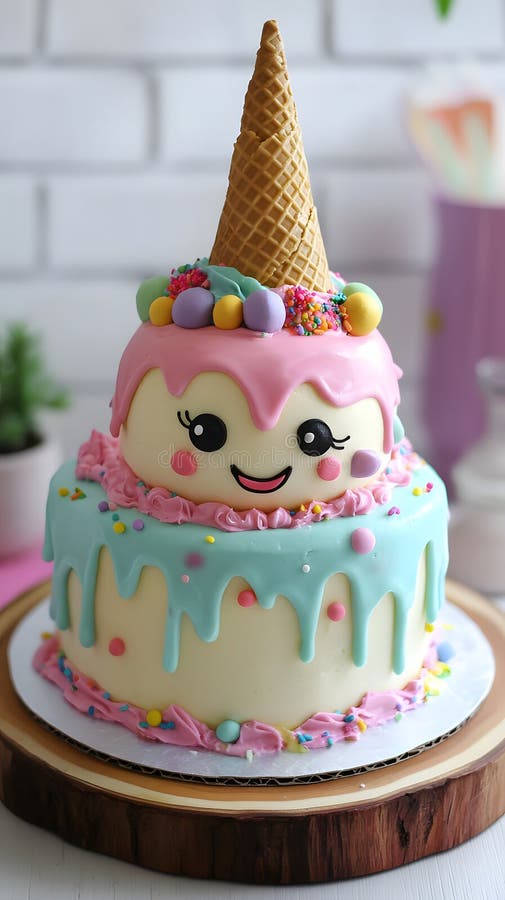 Delightful Two-Tiered Ice Cream Cone Cake Illustration Stock ...