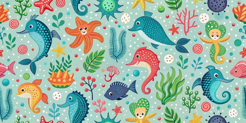 Delightful Underwater Scene a Vibrant Repeating Pattern of Colorful Sea ...