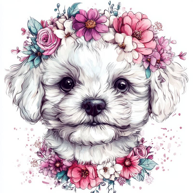 A Delightful Watercolor Illustration of a Poodle with Flowers on a ...