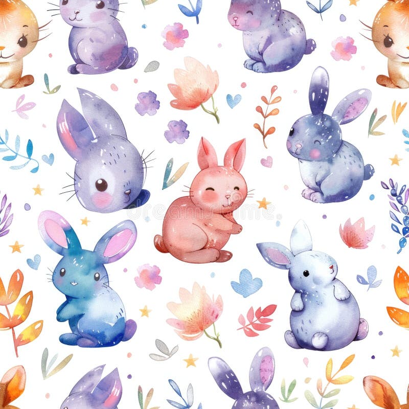 Delightful Watercolor Pattern of Colorful Bunnies and Spring Flowers ...