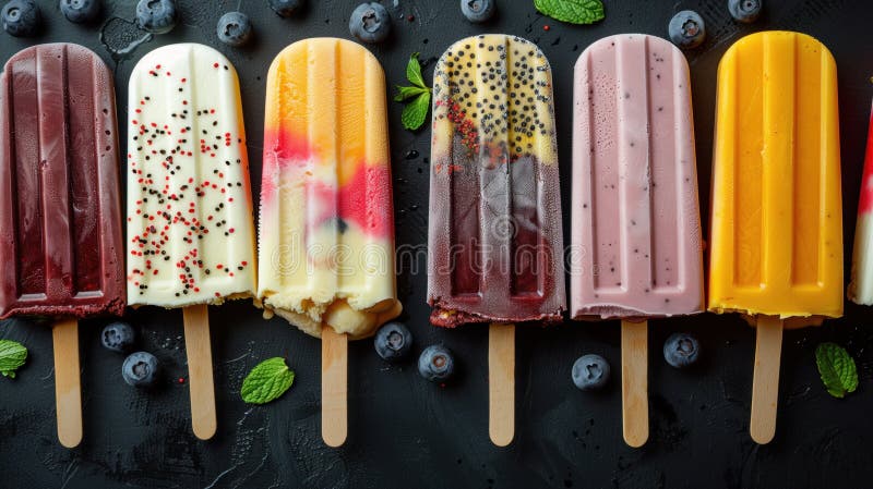 Delightfully Colorful Assorted Fruit Popsicles Set Against a Rich Dark ...