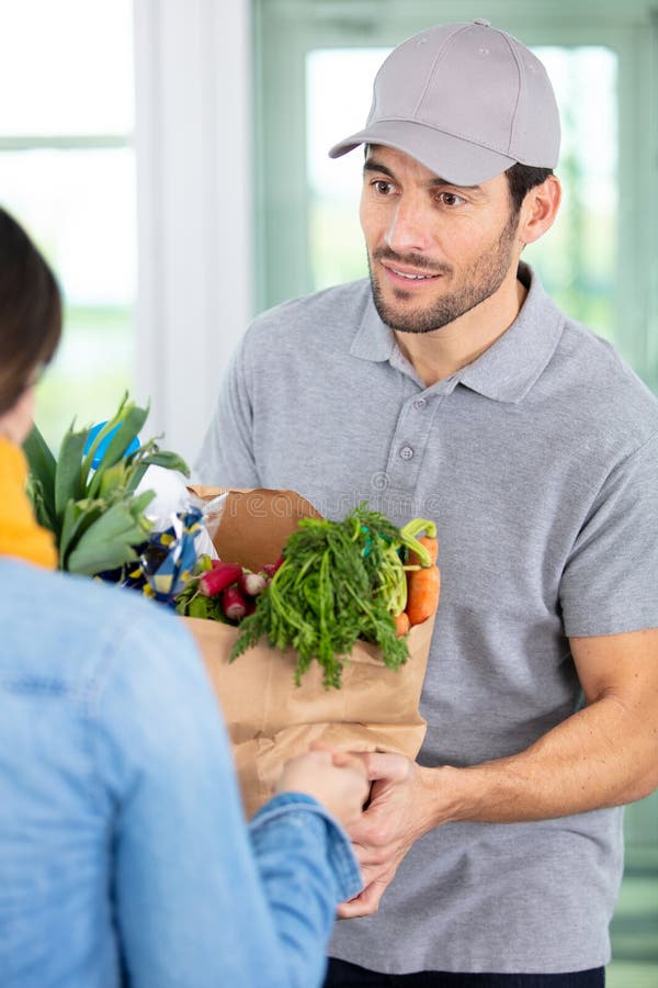 Deliver Man Handling Bag Food To Client Stock Image - Image of work ...