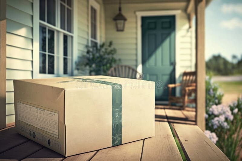 Delivered Parcel Waiting on the Porch. Wide Camera Angle Stock ...