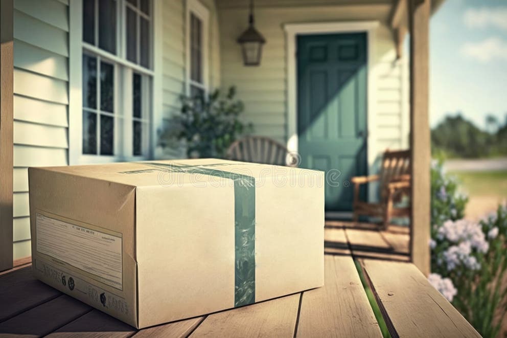 Delivered Parcel Waiting on the Porch. Wide Camera Angle Stock ...