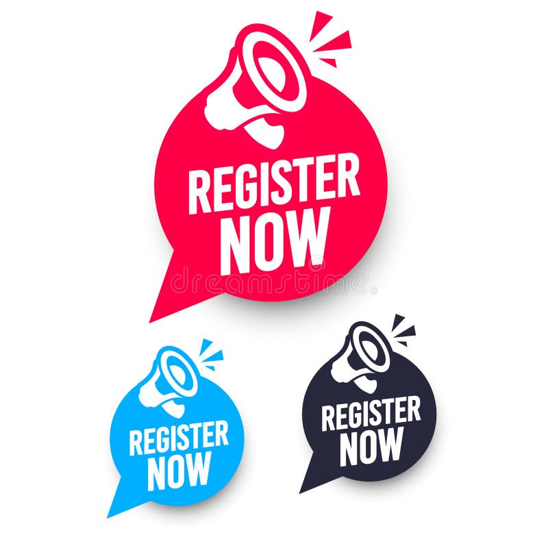 Register Now Speech Bubble Set with Megaphone Icon Stock Vector ...