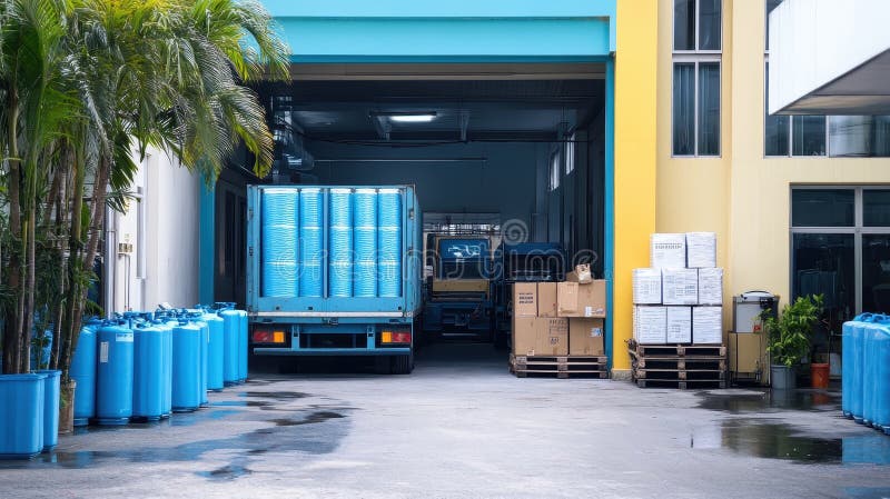 A Delivery Area with Blue Containers and Boxes, Indicating Industrial ...
