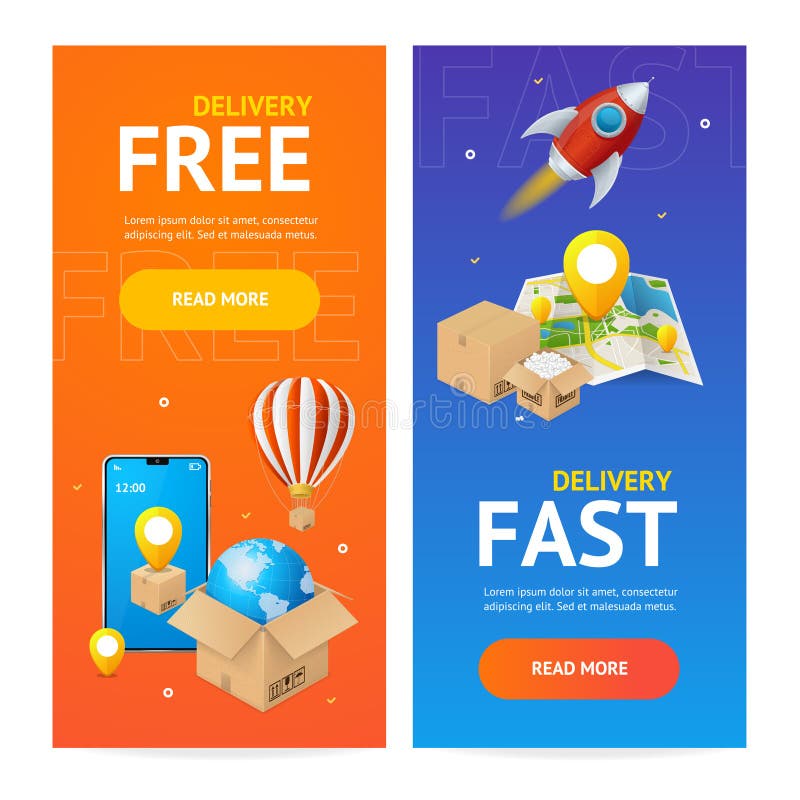 Delivery Banner Vecrtical Set with Realistic Detailed 3d Elements ...