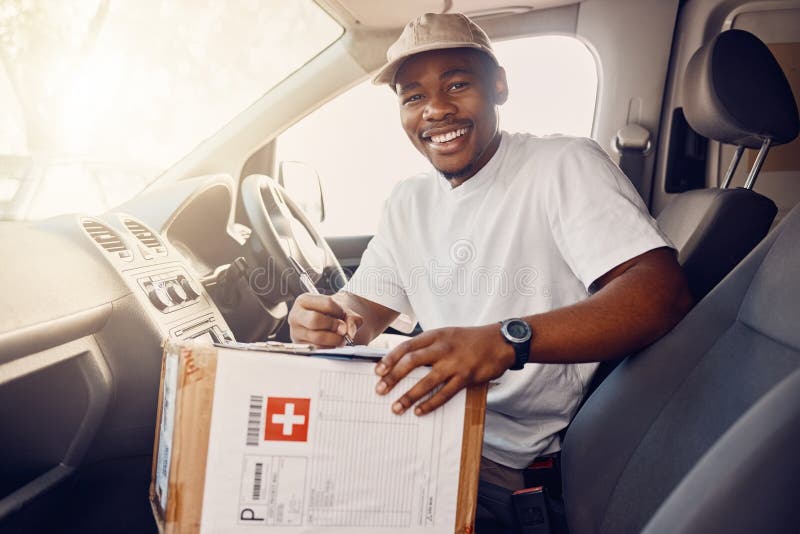 Delivery, Box and Portrait of Courier Man in Car with Checklist for ...