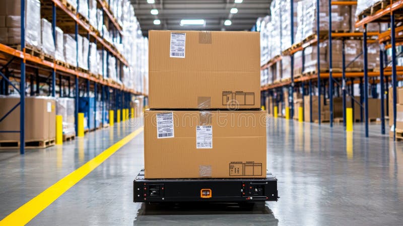 Delivery Boxes on Automatic Cart in Large Warehouse Space Stock ...