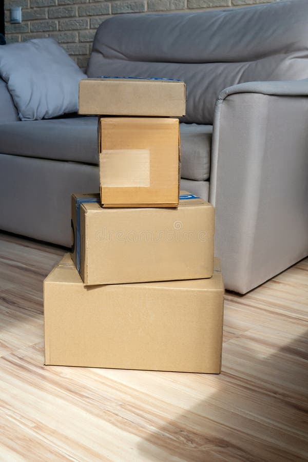 Delivery Boxes Stack. Home Interior Stock Photo - Image of delivery ...