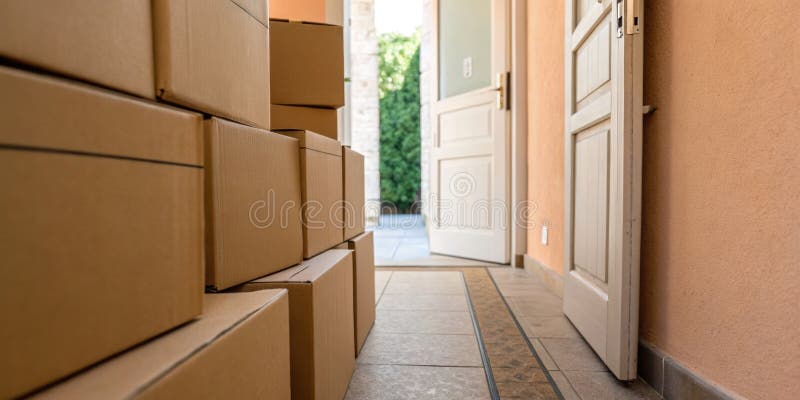 Delivery Boxes Stacked in Hallway with Open Door and Natural Light ...