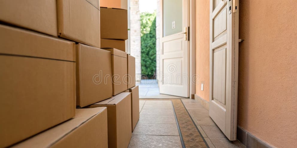 Delivery Boxes Stacked in Hallway with Open Door and Natural Light ...