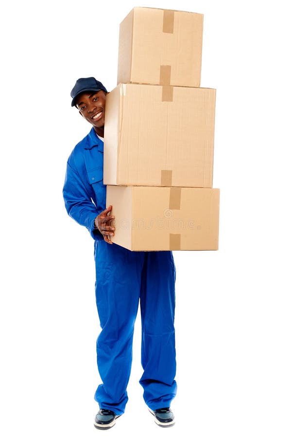 Delivery Boy Carrying Heavy Boxes Stock Image - Image of posing ...