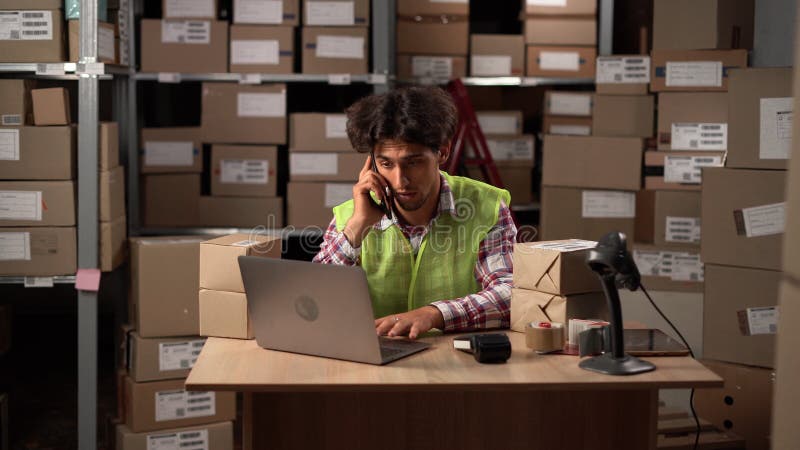Delivery Business. Young Man Warehouse or Post Office Worker with ...