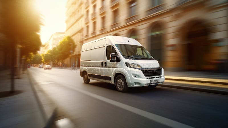 A Delivery Car in City Way. Cargo Van Driving Stock Illustration ...