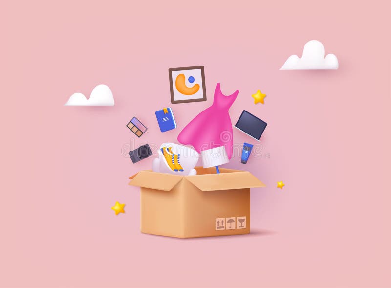 Delivery Cargo Box with Shopping Objects. Online Shopping on ...