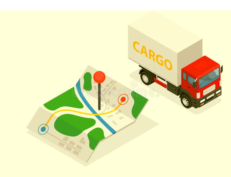 Delivery Cargo with Map and Pins, Delivery Worker and Box Stock Vector ...