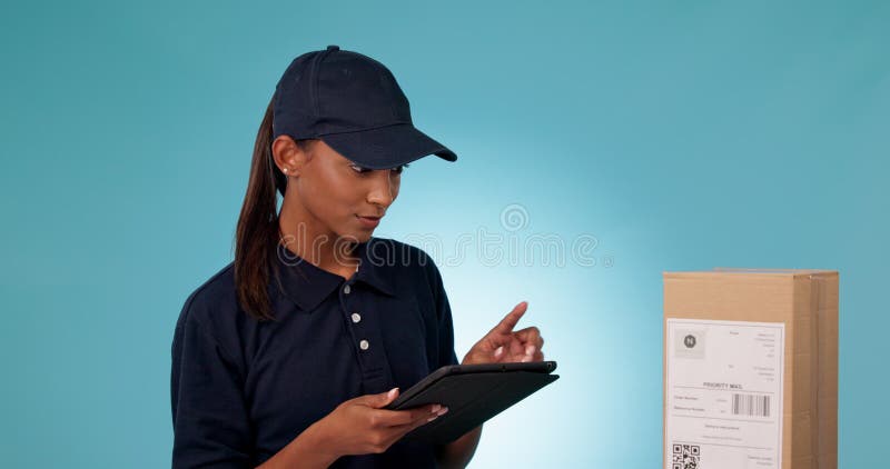 Delivery, Check Package and Tablet with Woman in Studio, Inventory and ...