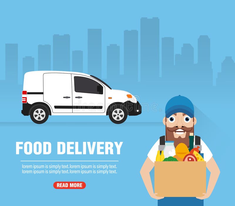 Delivery Concept Design Flat. Food Delivery with Deliveryman Stock ...