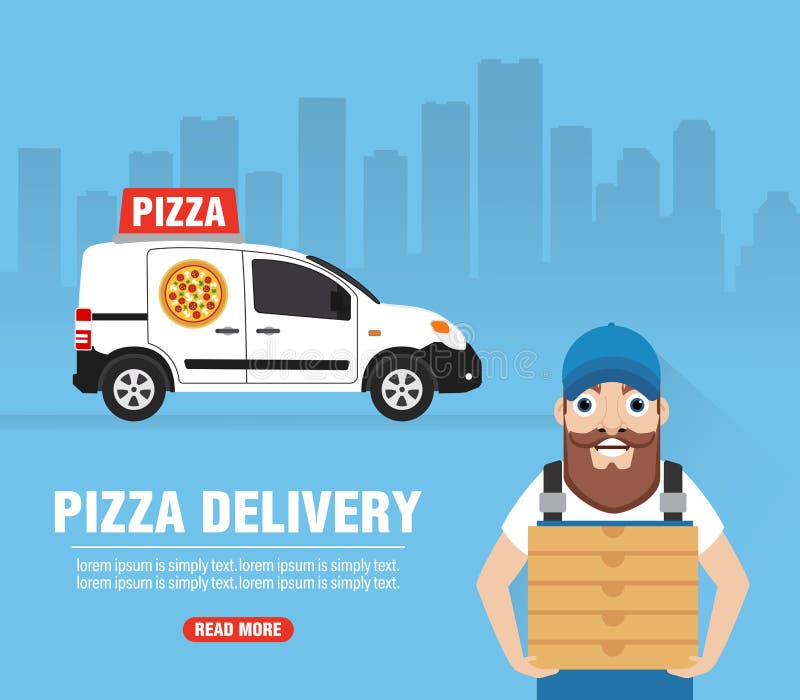 Delivery Concept Design Flat. Pizza Delivery with Deliveryman Stock ...