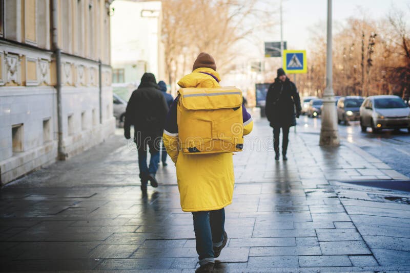 Delivery Courier on Foot with Huge Package on Back B Editorial Stock ...