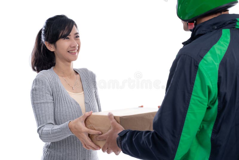 Delivery Courier with Helmet and Uniform Sending Package Stock Photo ...