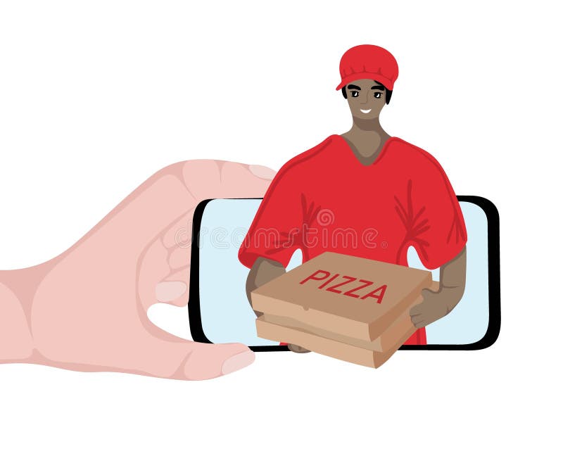 Delivery Courier Man Giving Pizza Boxes from Mobile Phone Screen Stock ...