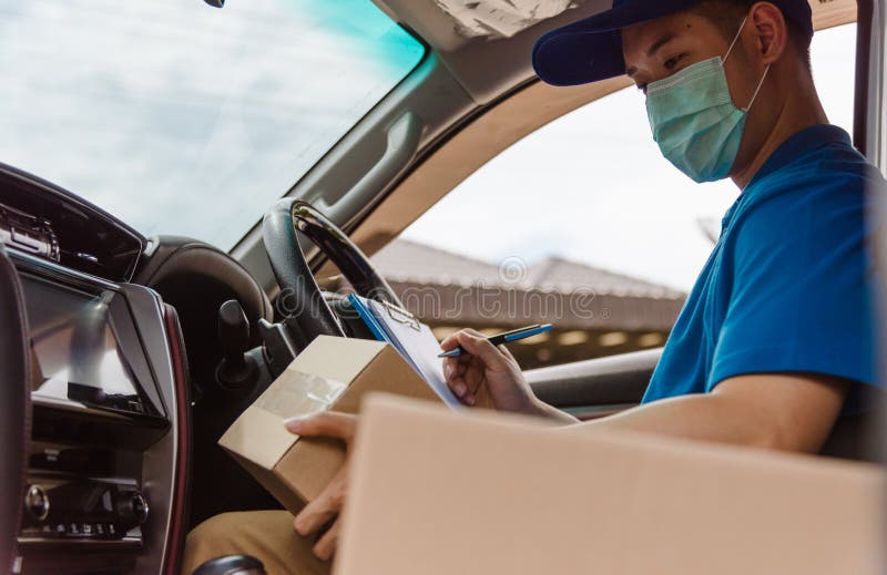 Delivery Courier Young Man Driver Inside the Van Car with Parcel Post ...