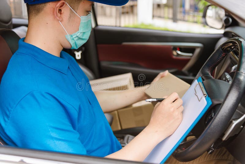 Delivery Courier Young Man Driver Inside the Van Car with Parcel Post ...