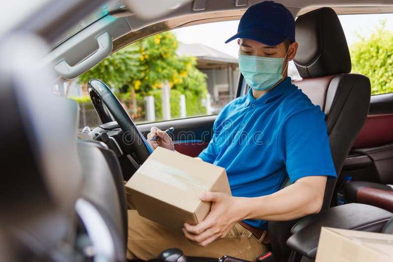 Delivery Courier Young Man Driver Inside the Van Car with Parcel Post ...