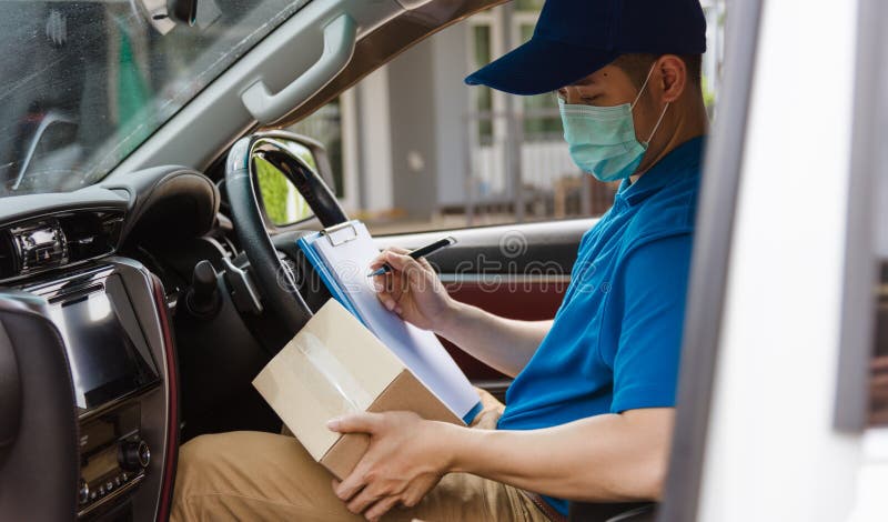 Delivery Courier Young Man Driver Inside the Van Car with Parcel Post ...