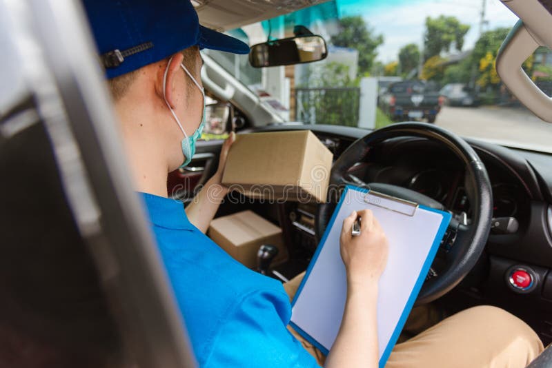 Delivery Courier Young Man Driver Inside the Van Car with Parcel Post ...