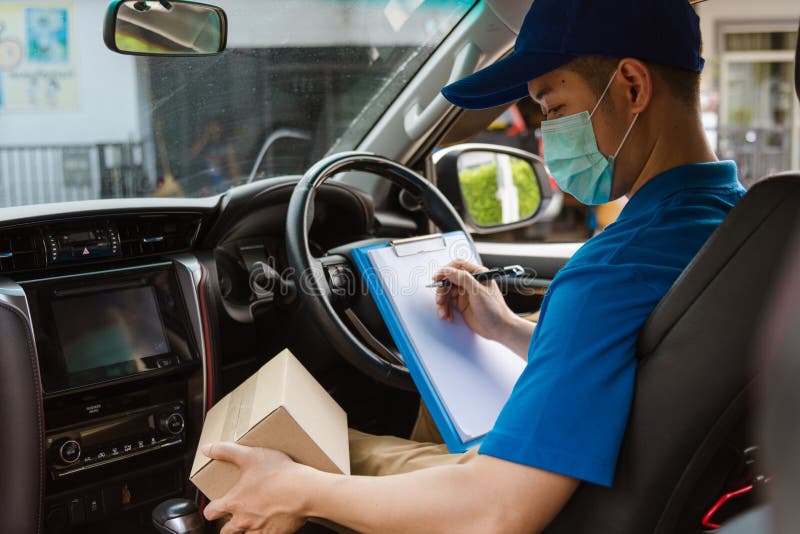 Delivery Courier Young Man Driver Inside the Van Car with Parcel Post ...