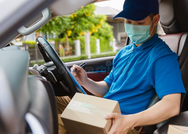 Delivery Courier Young Man Driver Inside the Van Car with Parcel Post ...