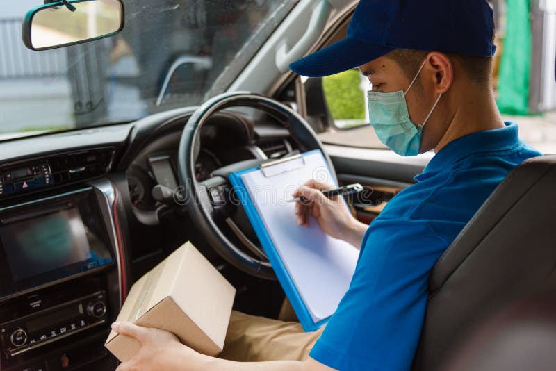 Delivery Courier Young Man Driver Inside The Van Car With Parcel Post ...
