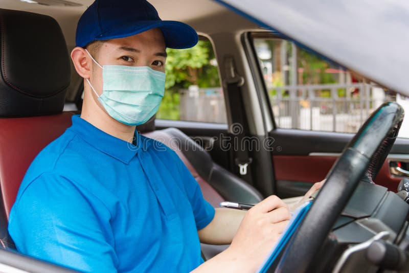 Delivery Courier Young Man Driver Inside the Van Car with Parcel Post ...