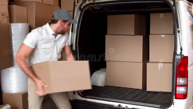 Courier Taking Boxes Out from Delivery Van, Moving Company, Goods ...